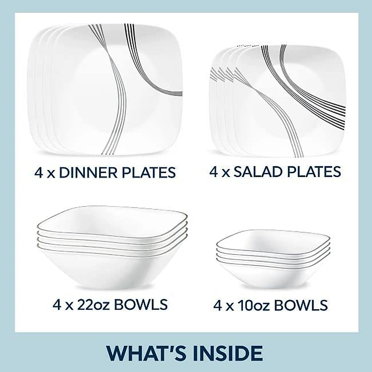 Corelle Urban Arc 16pc, Service for 4, Dinnerware Set, 8 Plates Bowls, Chip & Break Resistant, Dinner and Corelleware White