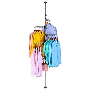 BAOYOUNI 4-Tier Standing Clothes Laundry Drying Rack Coat Hanger Organizer Floor to Ceiling Adjustable Metal Corner Tension Pole, Grey