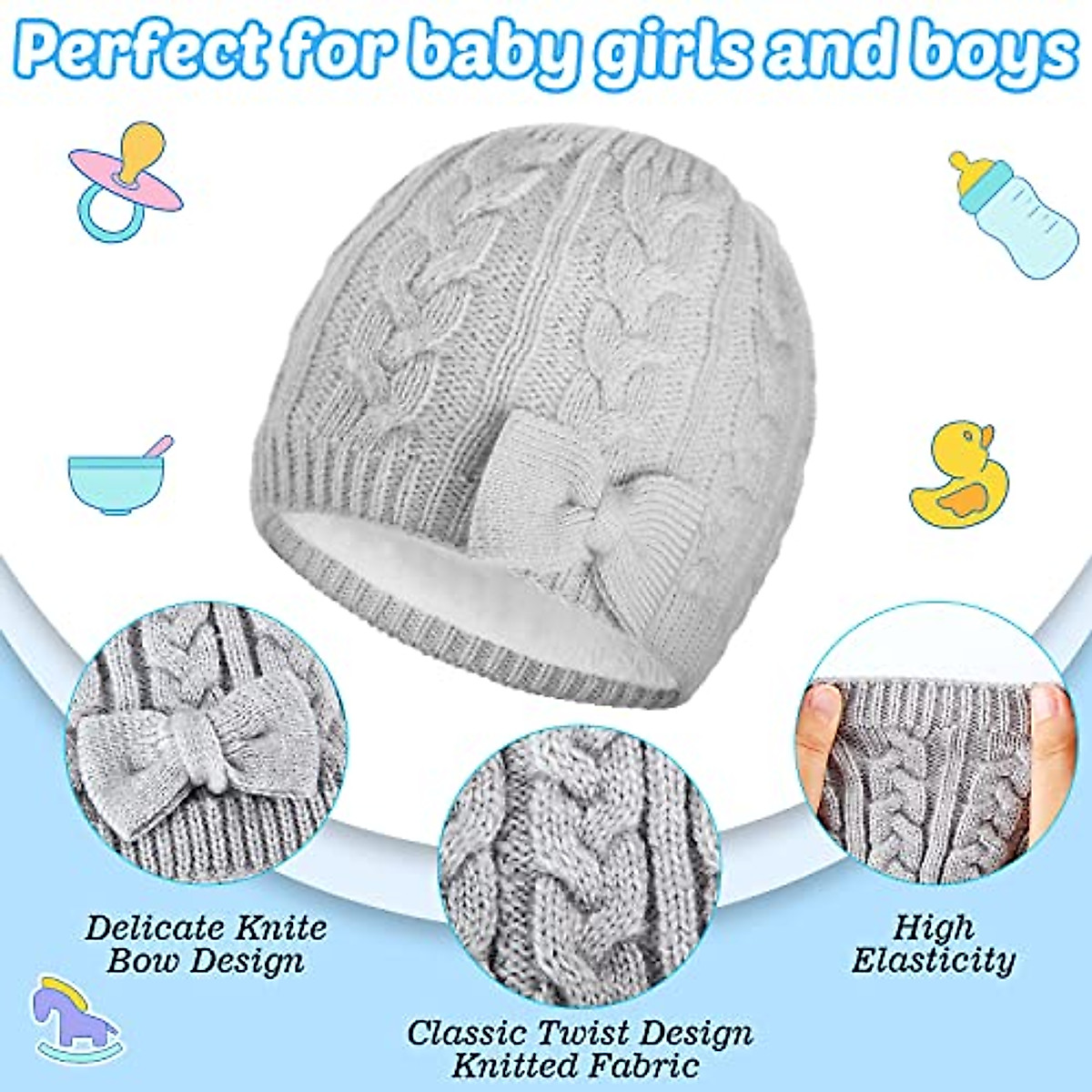 SATINIOR 3 Pieces Fleece Lined Baby Beanie Hat with Bow, Infant Newborn Toddler Kids Winter Warm Knit Cap for Boys Girls (Beige, Pink, Grey,0-6 Months)