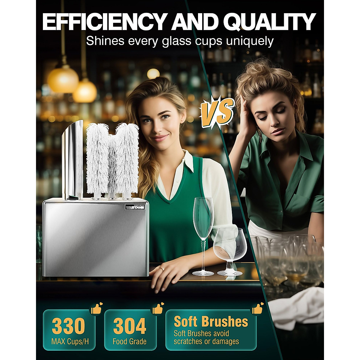 WantJoin Wine Glass Polisher Machine - 5 Brushes 330 Cups/Hour Commercial Electric Automatic Dryer with 304 Stainless Steel, 100% Cotton, 1300W High Power, 136°F Air Drying for Bar Restaurant Kitchen