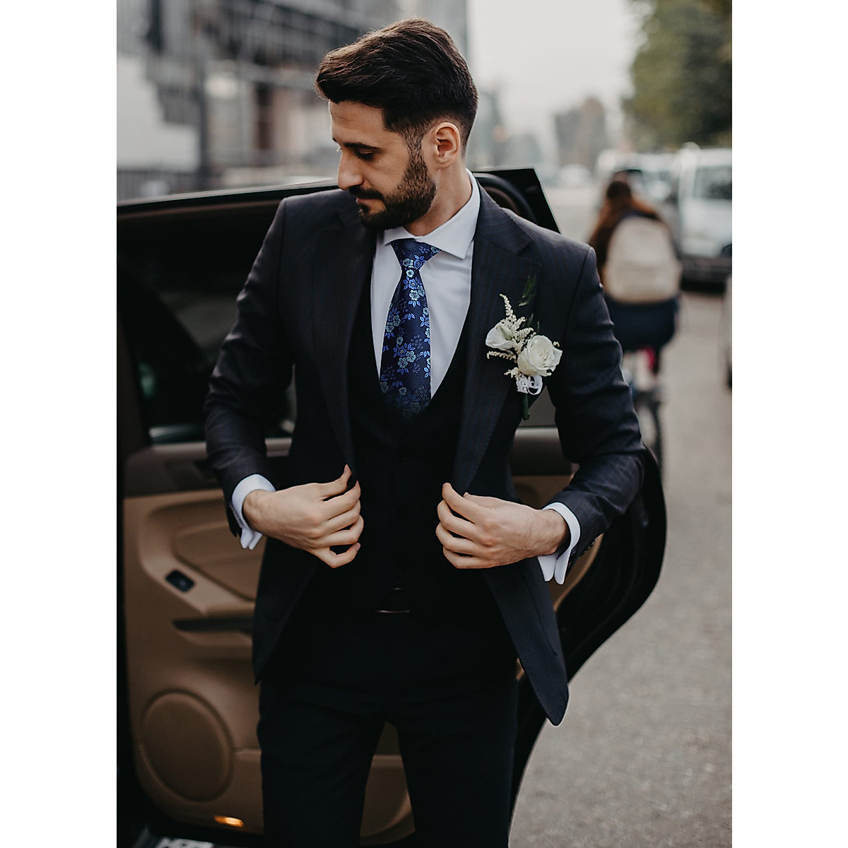 HISDERN Men's Floral Tie Handkerchief Jacquard Woven Classic Men's Necktie & Pocket Square Set,Navy Blue,8.5cm / 3.4 inches in Width