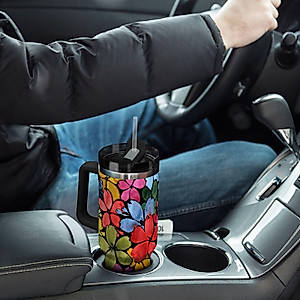 Yasala Car Tumbler with Handle Rainbow Flower Travel Mug Coffee Cup Insulated Beverage Container Mega Cup for Hot Cold Drinking Thermos Water Bottle Cupholder Friendly 40 oz