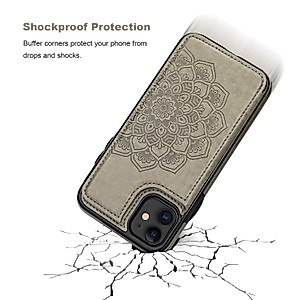 iPhone 11 Case Wallet with Card Holder, Vaburs Embossed Mandala Pattern Flower Premium PU Leather Double Magnetic Buttons Flip Shockproof Protective Cover for iPhone 11 (6.1 Inch,Gray)