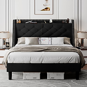 Feonase Queen Platform Bed Frame with Type-C & USB Charging Station, Upholstered Wingback & Storage Headboard, Solid Wood Slats, No Box Spring Needed, Easy Assemble, Black