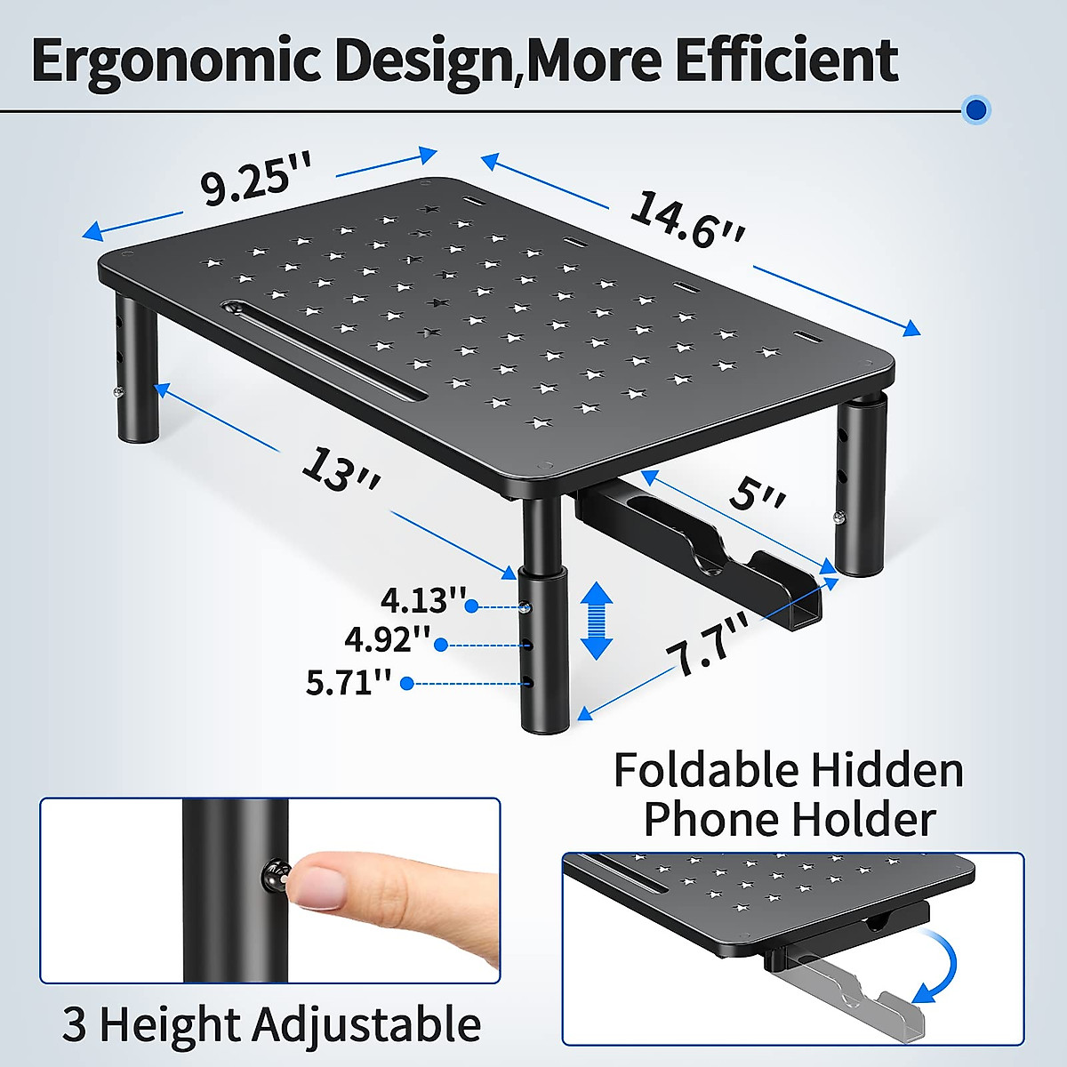 Zimilar 2 Pack Monitor Stand Riser, 3 Height Adjustable Monitor Stand with Unique Star Mesh for Computer + Dual Monitor Stand Riser, Monitor Stand with Adjustable Length and Angle, Wood Monitor riser