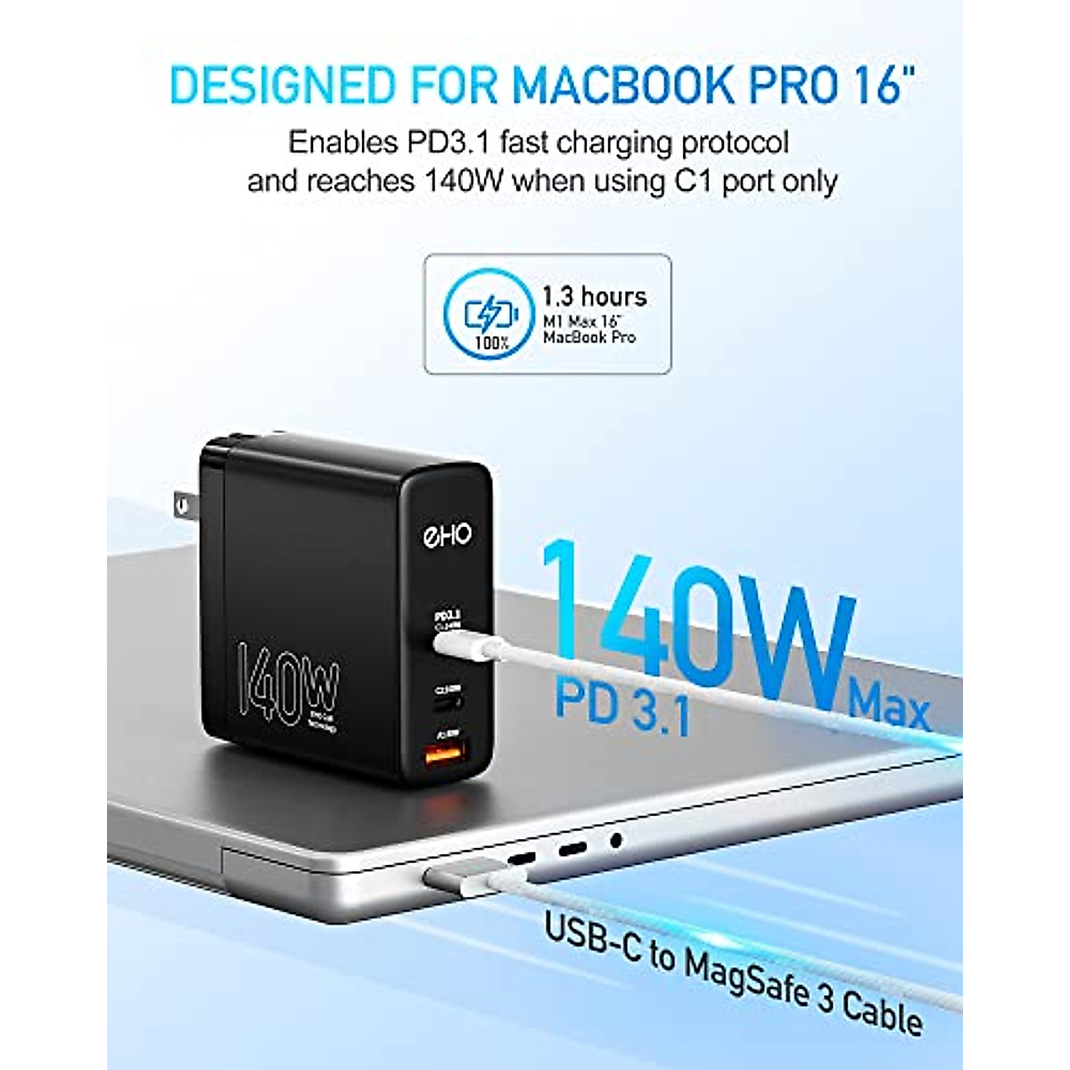EHO 140W USB C Wall Charger for MacBook Pro 16", PD 3.1 3-Port GaN III USB C Power Adapter 45W PPS Super Fast Charging Travel Charger Compatible w/Laptops, MacBook Pro/Air, iPhone, Samsung