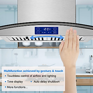 JOEAONZ Island Range Hood 30 Inch 700 CFM Gesture & Touch Control Ceiling Mount Stainless Steel Kitchen Vent Hood, Kitchen Exhaust Hood, Ducted/Ductless Convertible 3-speed Ventilation Fan Switchable