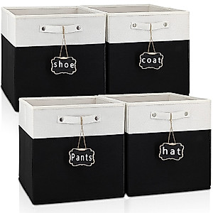 12 inch storage bins,Set of 4 Collapsible Fabric Storage Cubes with Labels,Linen Cube Storage Organizer Bins Kallax Storage Cubes for Organizing Office,Shelves,Nursery Toys,Clothes(White Black).