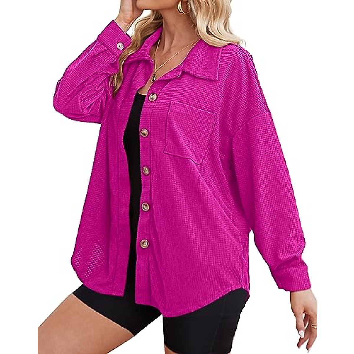 WIHOLL Womens Button Up Maternity Heavy Shirts Hot Pink Fall 2023 Outfits - Long Sleeve Tops Plus Size Jacket Fashion Barbie Clothes Office Casual Blouses XXL