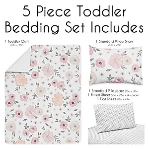 Sweet Jojo Designs Blush Pink, Grey and White Shabby Chic Watercolor Floral Girl Toddler Kid Childrens Bedding Set 5 Pieces Comforter, Sham and Sheets - Rose Flower Polka Dot