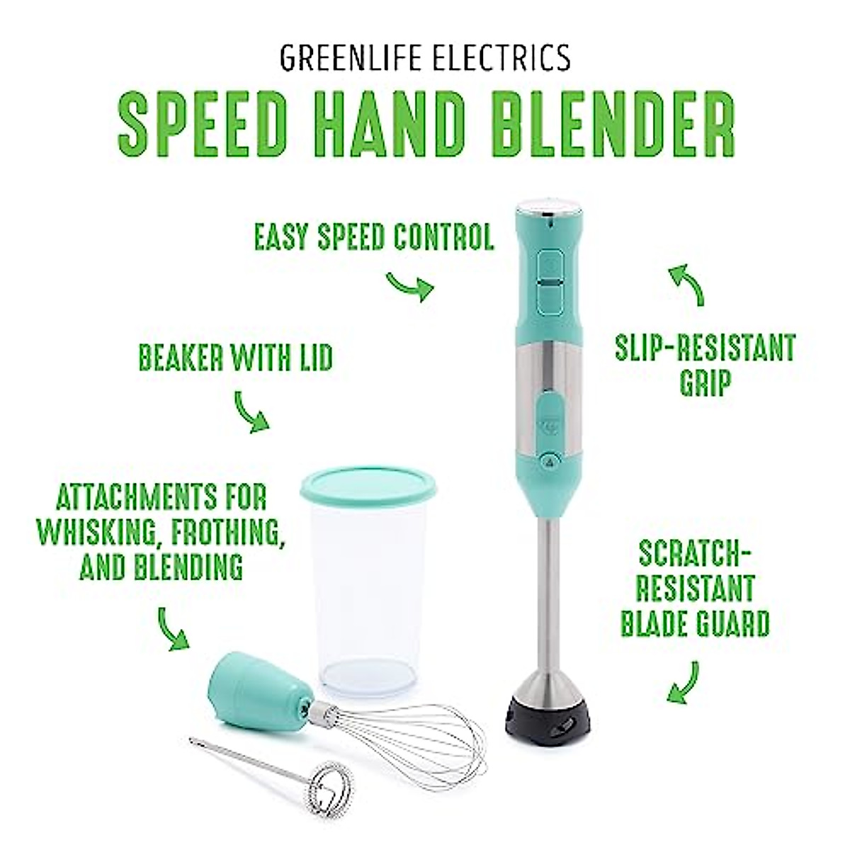 GreenLife 500-Watt Immersion Electric Handheld Stick Blender with Stainless Steel Blades, Whisk, Frother, Measuring Cup and Lid, Soups, Puree, Cake, Multi-Speed Control, Portable, Turquoise
