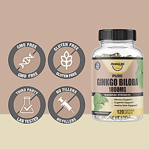 Happi Mi Nutrition Ginkgo Biloba 1800mg, Ginkgo Biloba Organic, Memory & Brain Function Support, Improves Concentration and Cognitive Support, Clarity, 120 Veggie Caps, Non GMO, 120Caps