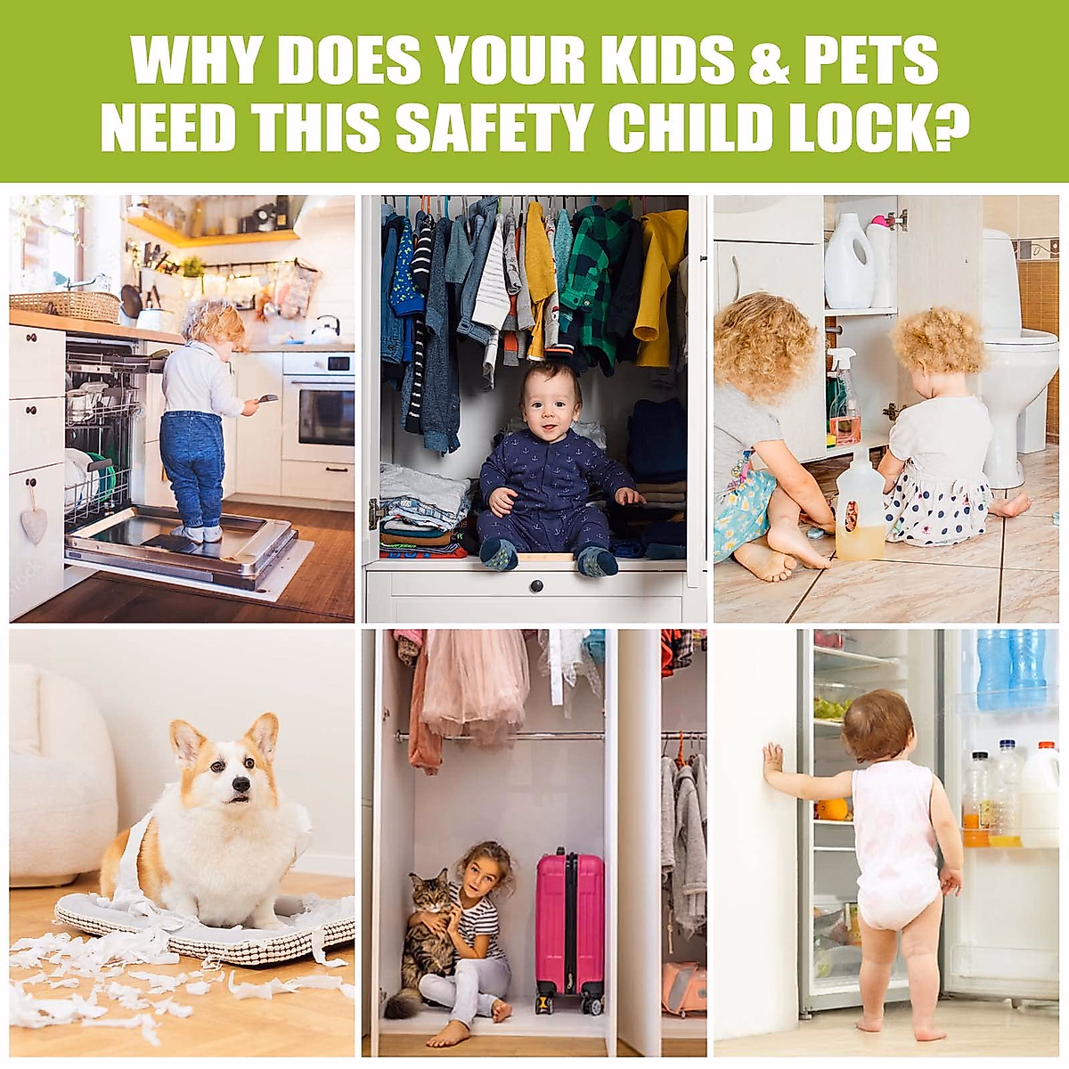 10-Pack Safety Cabinet Locks for babies, Child safety cabinet locks, baby Proof Cabinet latches, Adjustable U-Shaped Sliding Child locks for Closet cabinets Knob Handle