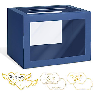 1 Pack Navy Blue Card Box for Party, Transparent Gift Cards Receiving Box Wedding Card Box Money Box for Birthday, Bridal or Baby Showers, Retirement, Anniversary, Graduation, Raffle Ticket Box