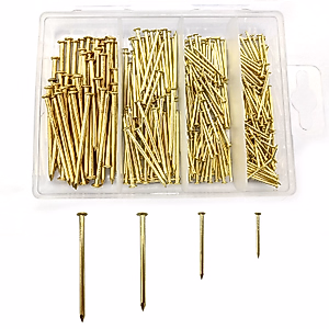 YOUYIDUN - 450 Pcs Nail Assortment Kit, Brass Nails for Hanging Pictures, Gold Finishing Nails Hardware Assortment Set, (0.78 in|1 in|1.57 in|2 in) Small Nails for Picture Hanging/Wood/Concrete Wall