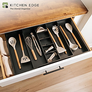 KitchenEdge Adjustable Kitchen Drawer Organizer for Utensils and Junk, Food-Safe Contract Grade with 100% Sustainable Wood, Non-Slip, Expandable from 16 to 28 Inches Wide - Black Bamboo