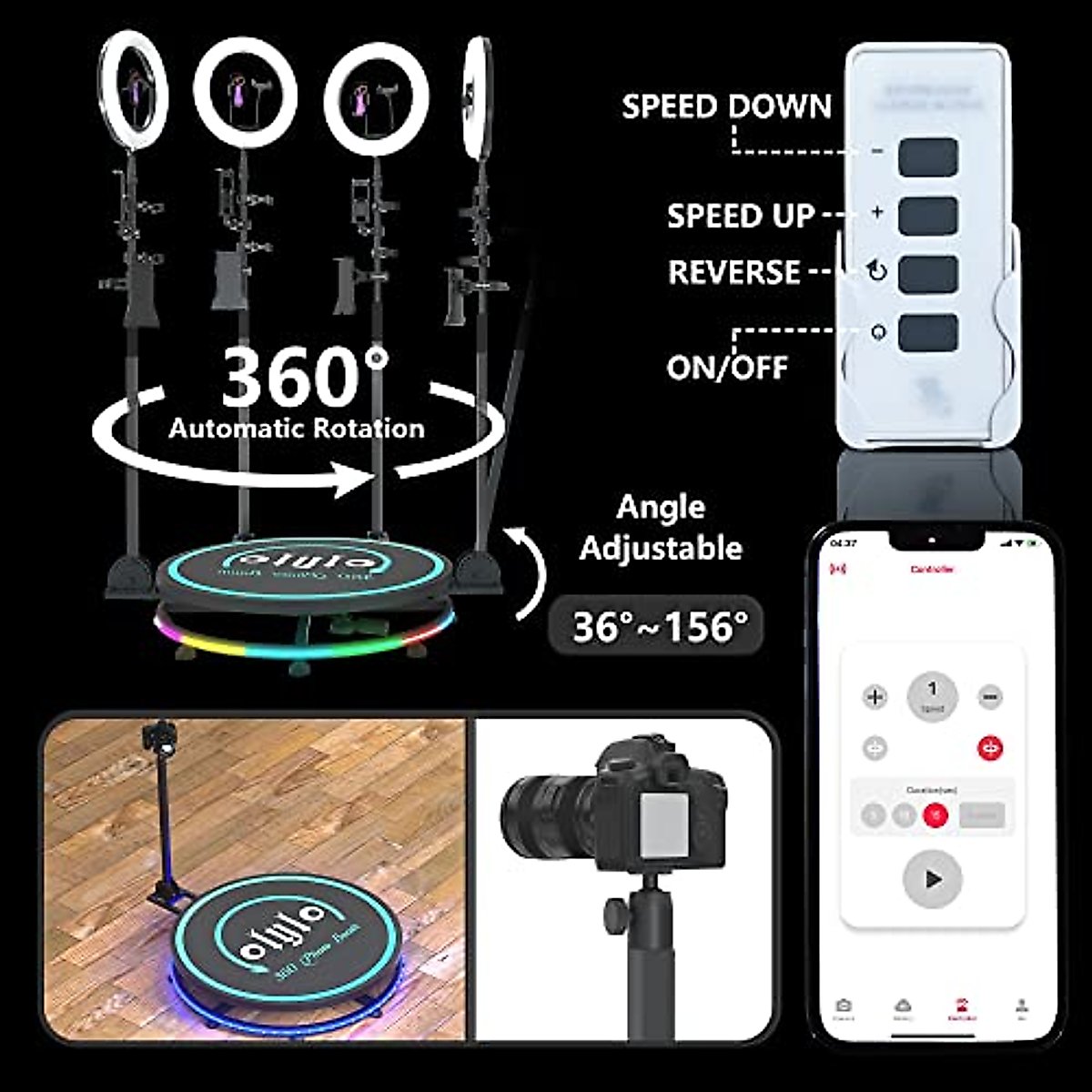 OLYLO 360 Photo Booth Machine 115cm with Software for Parties with Ring Light,Flight Case,Free Logo Customization,7 People Stand on APP Remote Control Automatic Slow Motion 360 Spin Camera Video Booth