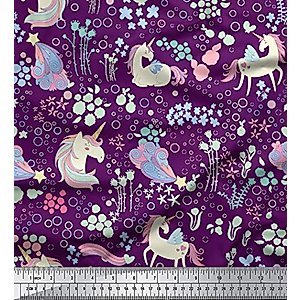 Soimoi Purple Heavy Canvas Fabric Unicorn & Floral Print Fabric Upholstery Fabric, Fabric for Home Accents by The Yard 58 Inch Wide