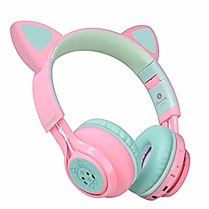 Riwbox CT-7 Cat Ear Bluetooth Headphones, LED Light Up Bluetooth Wireless Over Ear Headphones with Microphone and Volume Control for iPhone/iPad/Smartphones/Laptop/PC/TV (Pink&Green)