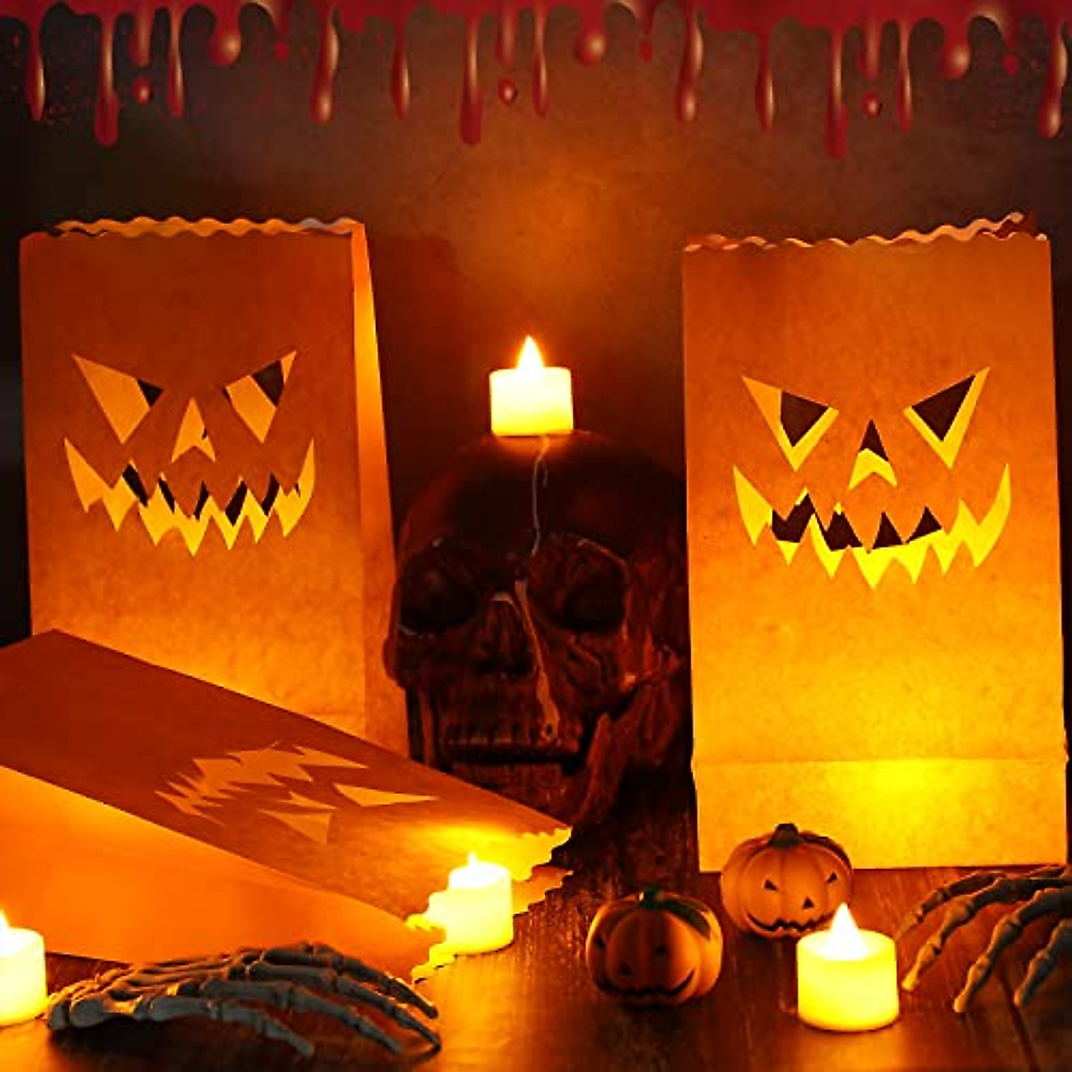 Halloween Luminary Bags Outdoor Paper Pumpkin Lantern Bags Flame Resistant Jack-o'-Lantern Bags Halloween Silhouette Luminary Candle Bags for Halloween, Party, Home Decorations (48 Pieces)