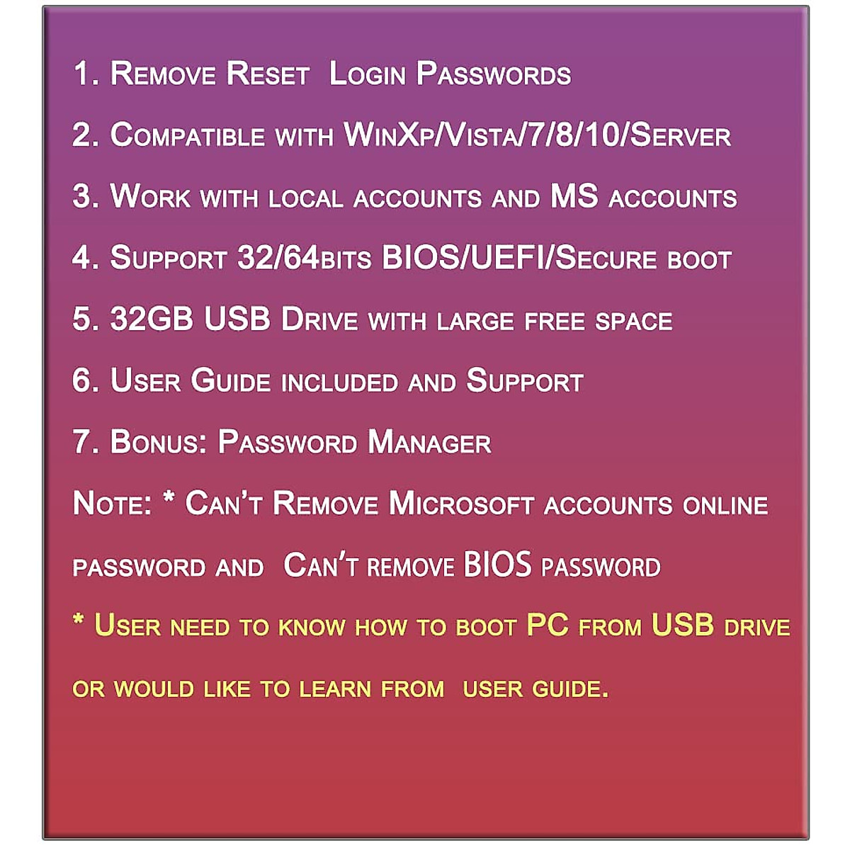 32GB USB Compatible Password Reset Recovery | Remove Reset Recover login Password | Unlock Coumputer | Bonus: Password Manager | Compatible with Windows XP,Vista,7,8.1,10,Server
