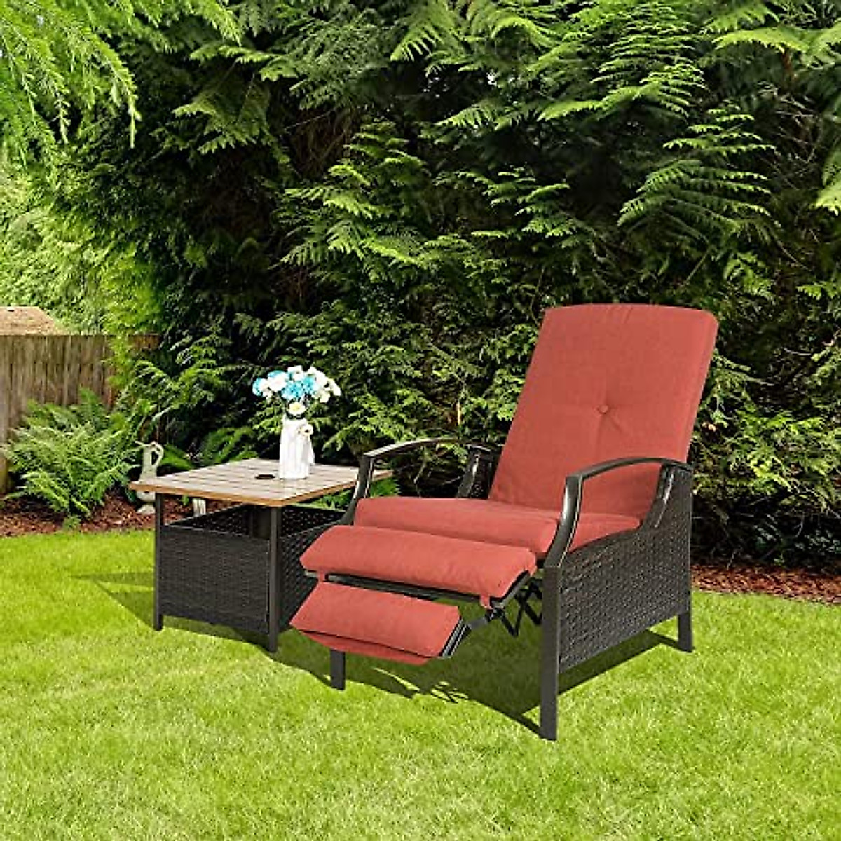 ALIMORDEN Patio Wicker Adjustable Recliner Chair, Steel Frame Rattan Sofa with Thick Removable Cushion, Outdoor Relaxing Lounge Chair for Porch, Backyard, Garden, Water Resistant, Red
