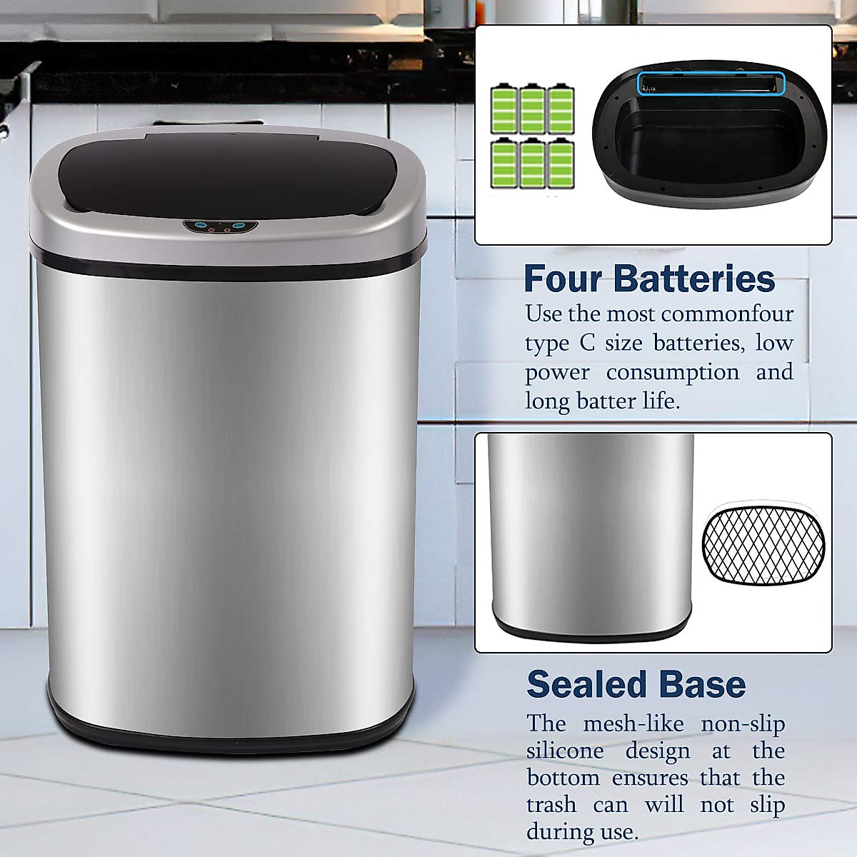 13 Gallon 50 Liter Garbage Can Automatic Kitchen smart motion sensor Trash Motion Sensor Automatic Closure & Opening Touchless Garbage Bin Anti-fingerprint Mute Designed Trash Bin for Office Bedroom Bathroom (Silver2)