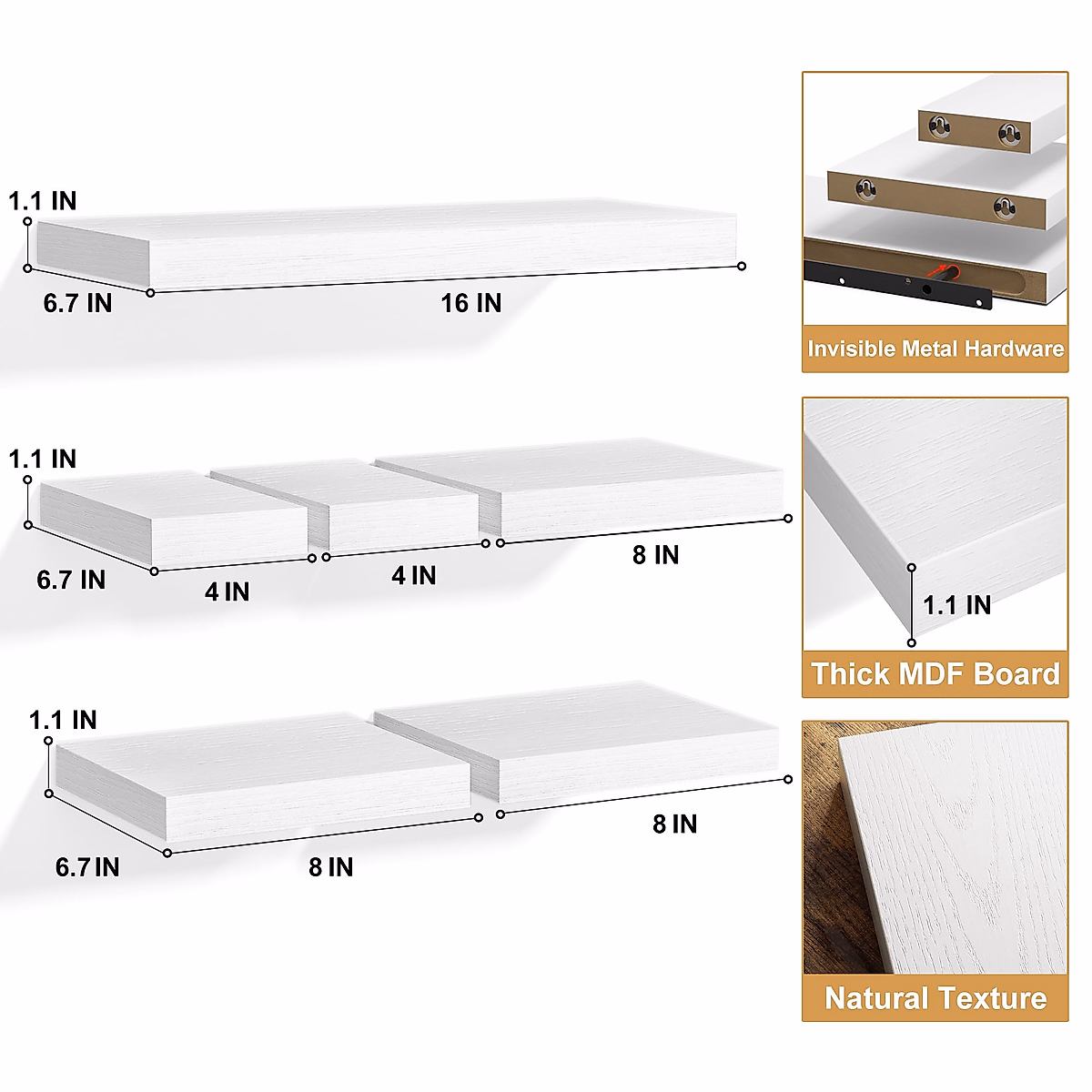 Love-KANKEI White Floating Shelves for Wall Set of 6, Wood Wall Shelves with Invisible Bracket,Rustic Hanging Shelves for Display,Bedroom Living Room Bathroom Kitchen Office