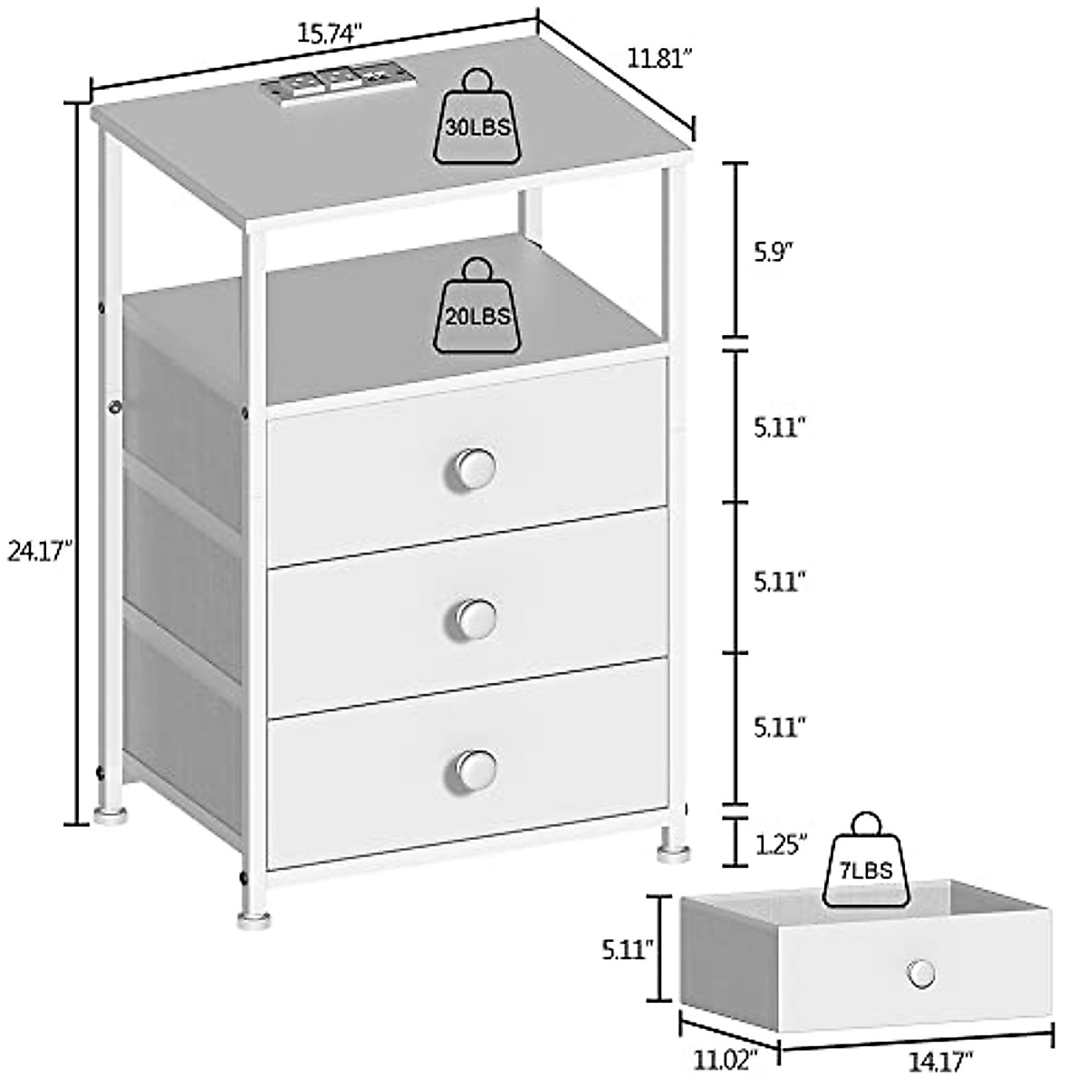 Tohomeor End Table with Charging Station LED Light Nightstand Bedroom Bed Side Dresser with 3 Fabric Drawers Open Storage Shelf Living Room Sofa End Table with USB Ports and Outlet (White, 1 Pack)