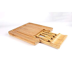 Natural Premium Bamboo Cheese Board - with Slide Out Cheese Knife Drawer, Perfect as a Charcuterie Platter and Wine Serving Tray. Ideal for Birthdays, Weddings or Housewarming Gifts.