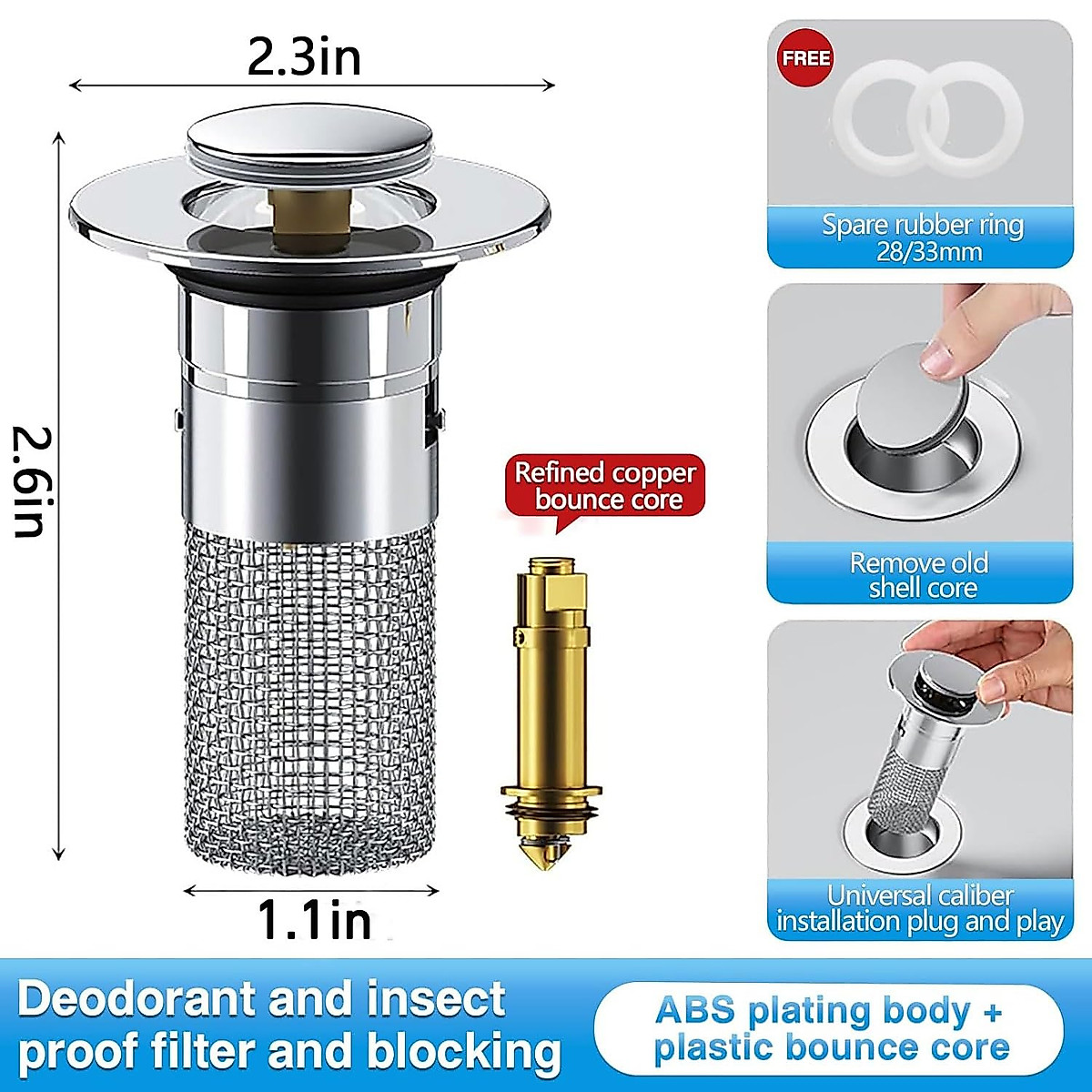 Bathroom Sink Drain Strainer, Pop Up Sink Drain Filter with Removable Stainless Steel Filter Basket Hair Catcher, Bathroom Sink Drain Stopper, for Us Bathroom Sink Stopper Replacement (2pcs)