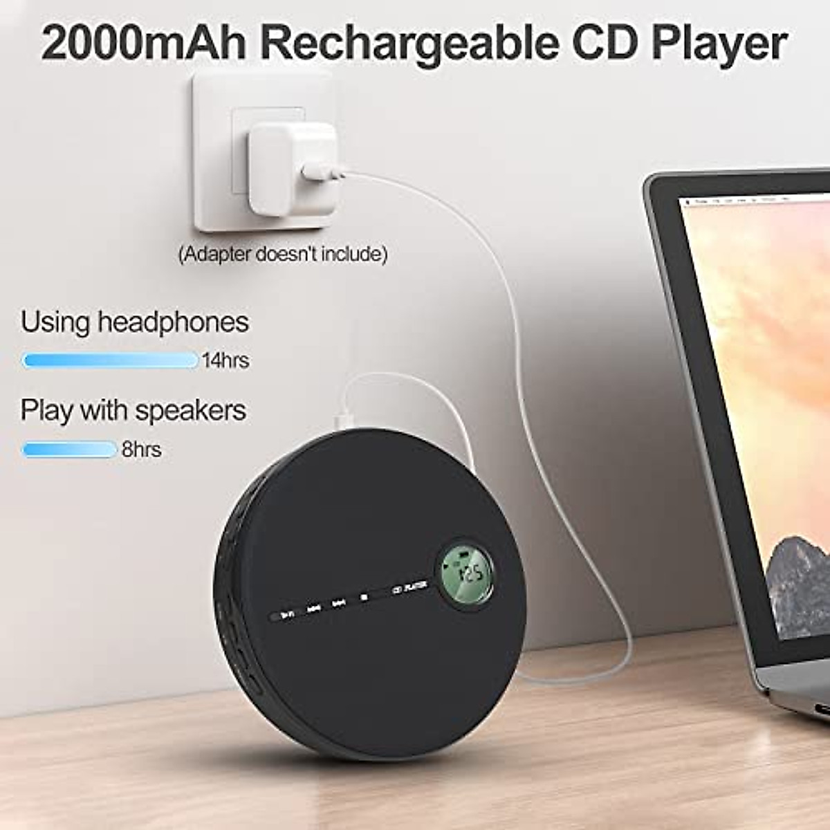 WOKALON CD Player Portable, Rechargeable Portable CD Player with Bluetooth, Anti-Skip Walkman CD Player with Dual Stereo Speakers, Headphones and AUX Cable, Discman CD Player for Car, 2000mAh Battery