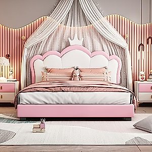 GYYBED Full Size Upholstered Princess Bed with Crown Headboard,Full Bed Frames for Girls Full Bed Frame Girl Full Size Bed Frames for Girls Full Bed Frames for Kids (White+Pink, Full)