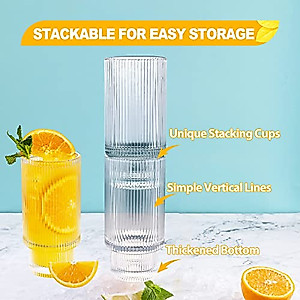 Aofmee Ribbed Drinking Glasses, Ribbed Glass Cups 12 oz, Ribbed Glassware Set of 4, Tall Glasses for Drinks Iced Tea Latte Smoothie Juice, Stackable Dinner Glass with Straw, Fluted Glassware