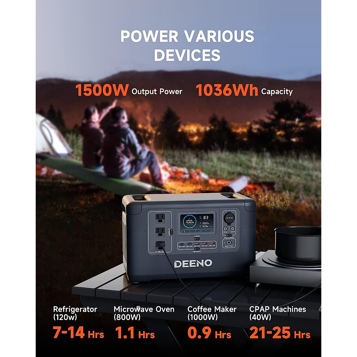 DEENO S1500 Portable Power Station 1500W(Peak 3000W), 1036Wh LiFePO4 Battery Solar Generator, Full Charge in 2 Hr, UPS Battery Backup for Home Backup Emergency Outdoor Camping(Solar Panel Optional)