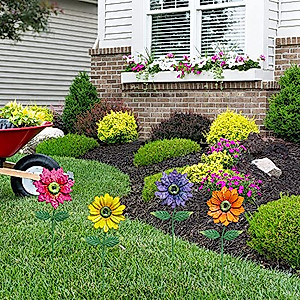 hogardeck Metal Flower Decorative Garden Stakes,4 Pcs 20" Outdoor Garden Decor Shaking Head Sunflowers Daisy Ornament, Yard Art Spring Decorations for Patio Lawn