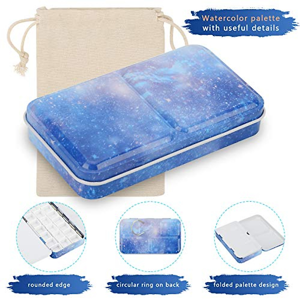 PEVART Empty Watercolor Palette, Metal Empty Watercolor Tin Palette Paint Case with Fold Out Palette with 50 Empty Half Pans for DIY Painting Tray Palette Kit, Travel Palette and Plein Air Painting