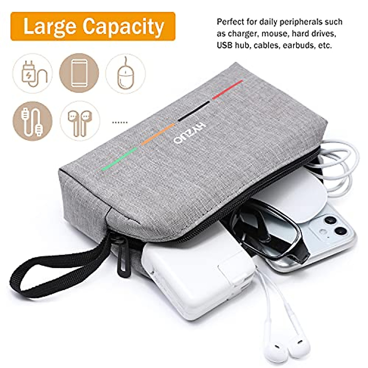 HYZUO Portable Organizer Laptop Electronics Accessories Pouch Bag Storage Carrying Case for Adapter Cables Cellphone Charger Mouse Power Bank Cords Earbuds SSD HDD, Light Gray(Color bar)