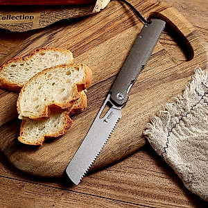 SHOOZIZ Folding Serrated Bread Knife - 3.8 Inch - XUN Series 119-D2 Steel - inen Mikta Handle - Japanese-style - Outdoor Camping - pocket knife