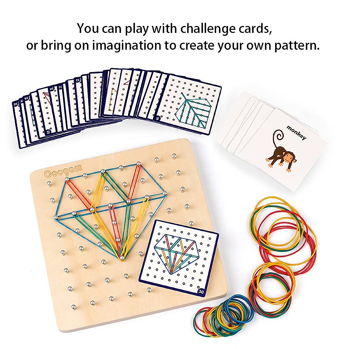 Coogam Wooden Geoboard Mathematical Manipulative Material Array Block Geo Board – Graphical Educational Toys with 30Pcs Pattern Cards and Latex Bands Shape STEM Puzzle Matrix 8x8 Brain Teaser for Kid