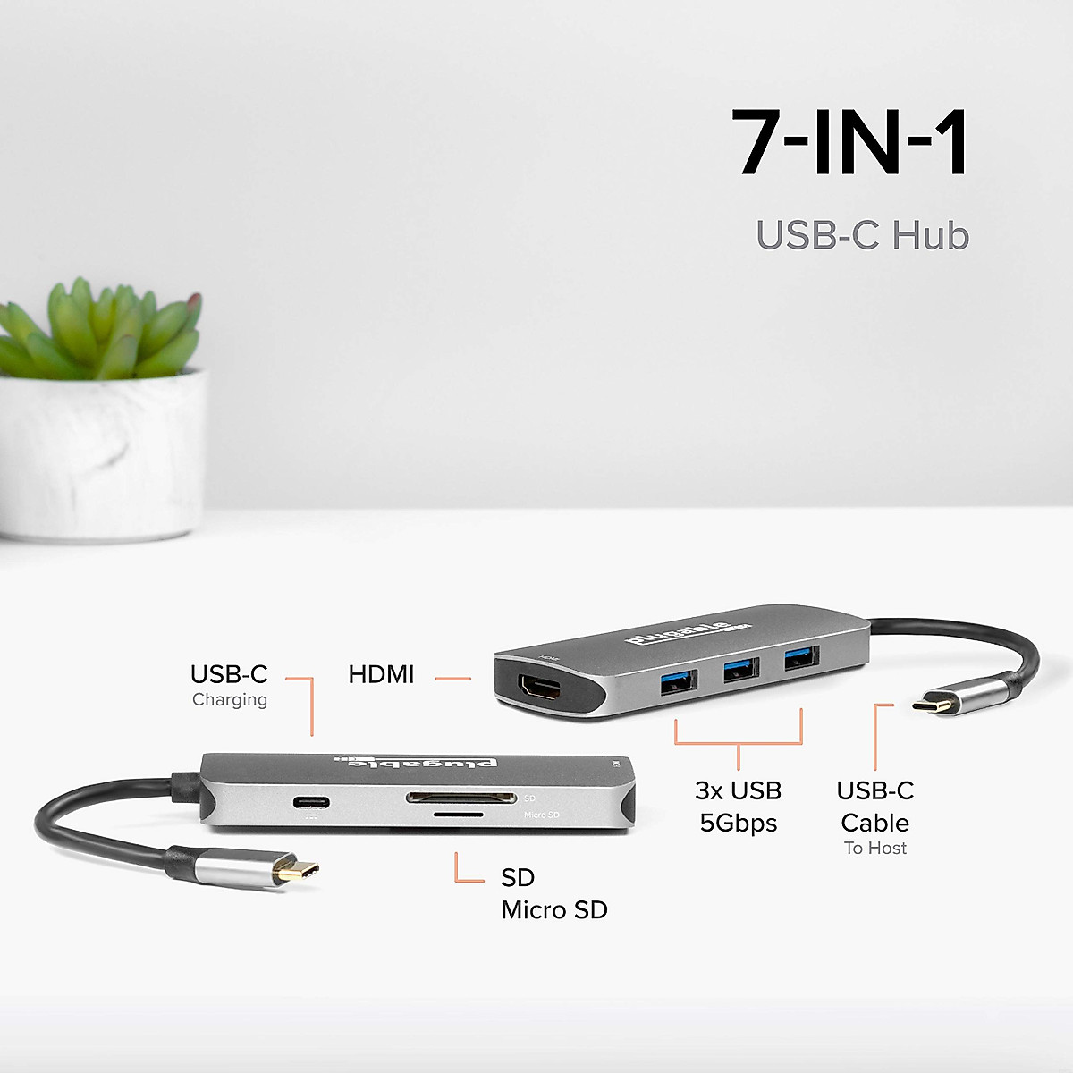 Plugable USB-C Hub 7-in-1, Driverless USB C Hub Compatible with Mac, Windows, Chromebook, USB4, Thunderbolt 4, and More (4K HDMI, 3 USB 3.0, SD & microSD Card Reader, 100W Charging)