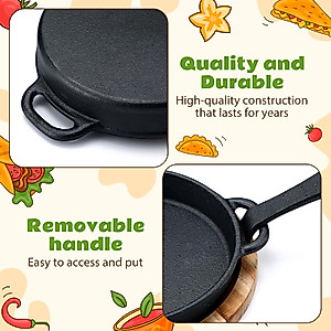 Jingmore 2 Pcs Cast Iron Fajita Skillet Pan 8 Inches Round Plate Sizzling Pan with Removable Handle and Trivet Cast Iron Frying Pan Nonstick Oven Safe Cookware, Pizza Oven and BBQ Accessories Black