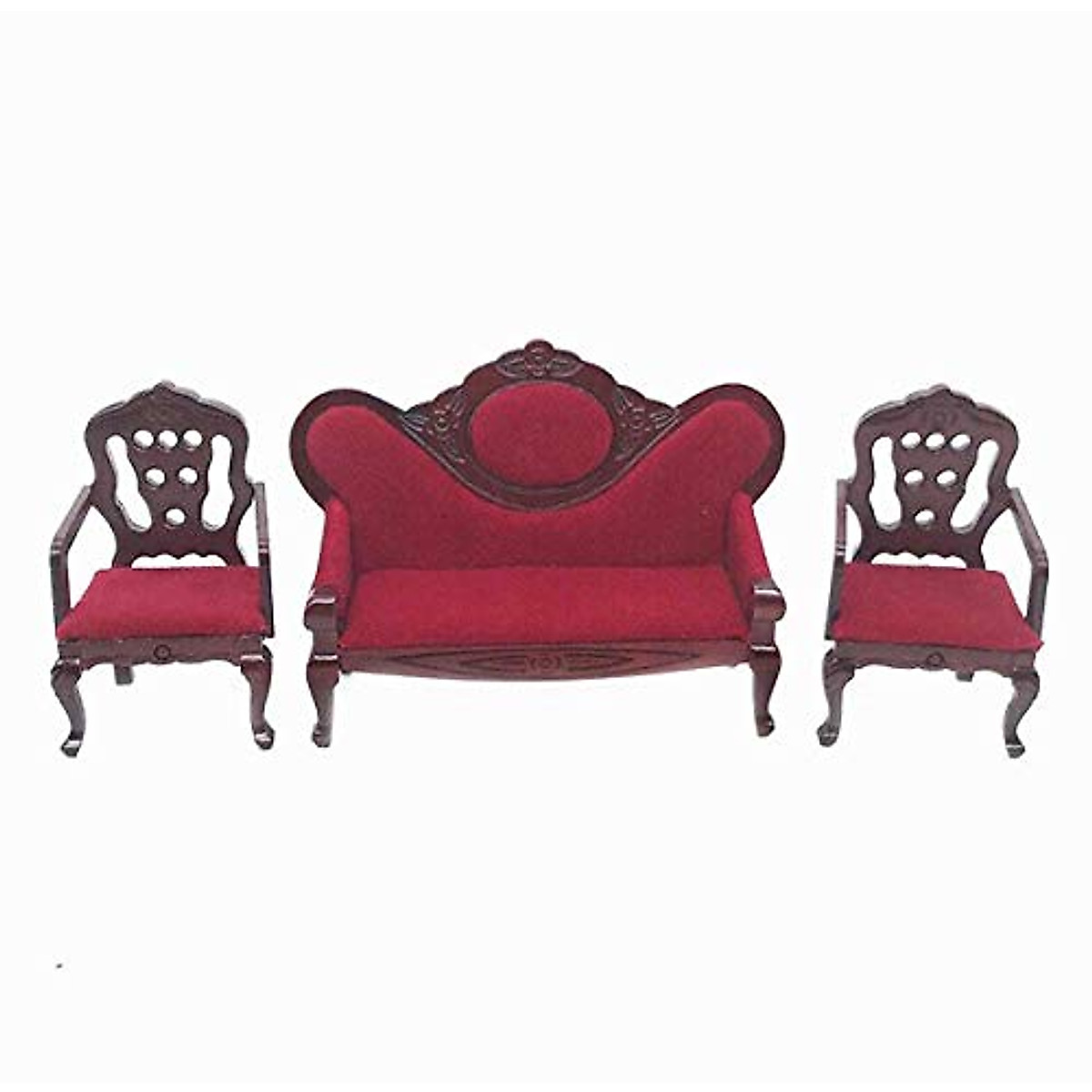 EatingBiting 1:12 Miniature Living Room Furniture Vintage Red Wooden Sofa Armchair Couch Table 3pcs Set Sofa + 2 Chairs