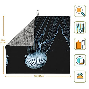 Jellyfish Printed Drying Mat For Kitchen Ultra Absorbent Microfiber Dishes Drainer Mats Non-Slip Silicone Quick Dry Pad - 18 X 16inch