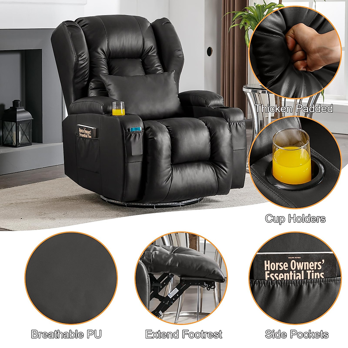 ETAGERIA Power Swivel Rocker Recliner Chair with Massage and Heat 360 Degree Glider Rocking Chairs Ergonomic Lounge Rocker w/Cup Holder/Remote/LED Light for Nursery,Living Room,Home Theater (Black)