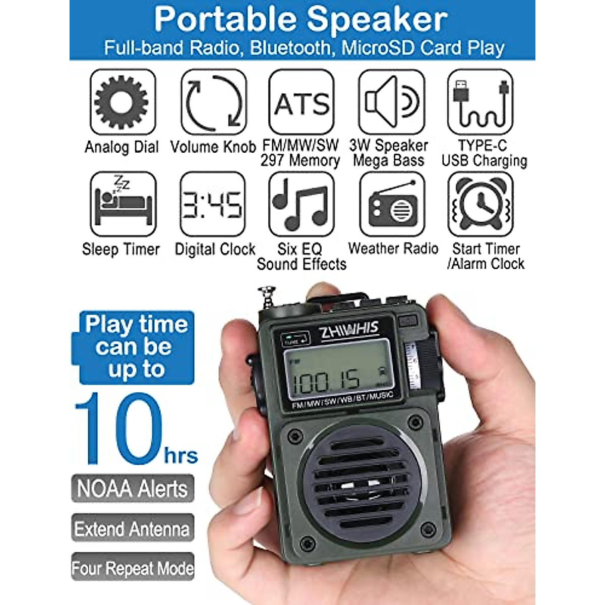 ZHIWHIS Shortwave Radio, MP3 Player with Weather Radios Portable AM FM, Retro Bluetooth Speaker with 6 EQ Modes, Rechargeable Alarm Clock Receiver with Sleep Time and NOAA Alerts ZWS-701