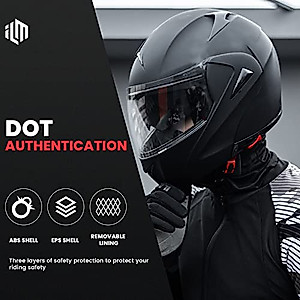 ILM Motorcycle Helmets Modular Dual Visor Flip-up Full Face Street Bike Racing Helmet DOT 5 Colors Model 808 (L, Matte Black)