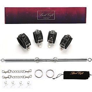 EXREIZST Adjustable Metal Spreader Bar and Leather Straps Set Black (Black 1)