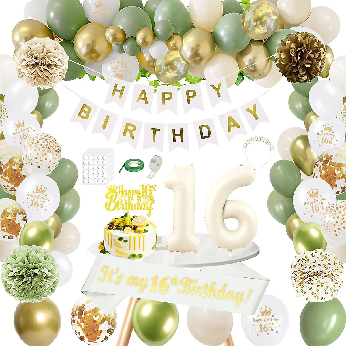 GYESXYW Sage Green 16th Birthday Decorations for Girls, Olive Green and Gold Sweet 16 Party Decorations Set, Happy Birthday Banner, Birthday Sash, Crown, Confetti Balloons for Her Party Supplies
