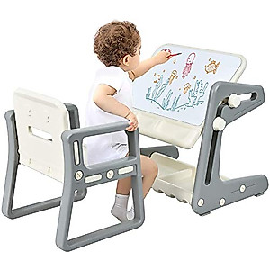 Costzon 2 in 1 Kids Table & Chair, Art Easel w/Adjustable Magnetic Painting Board, Storage Space, Art Supply Accessory, Children Convertible Activity Table Set for Drawing Reading Art Playroom (Gray)